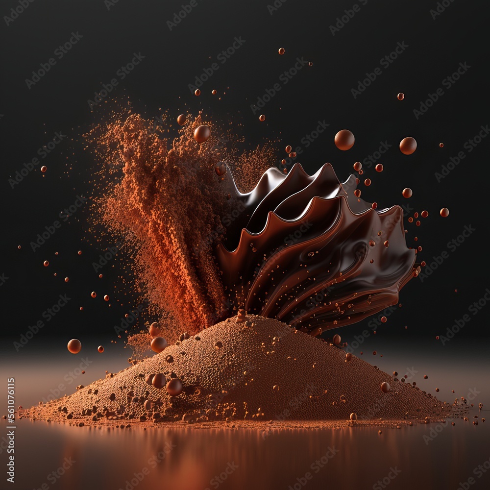 Cacao and dark chocolate in a massive explosion. Powder, particles and ...