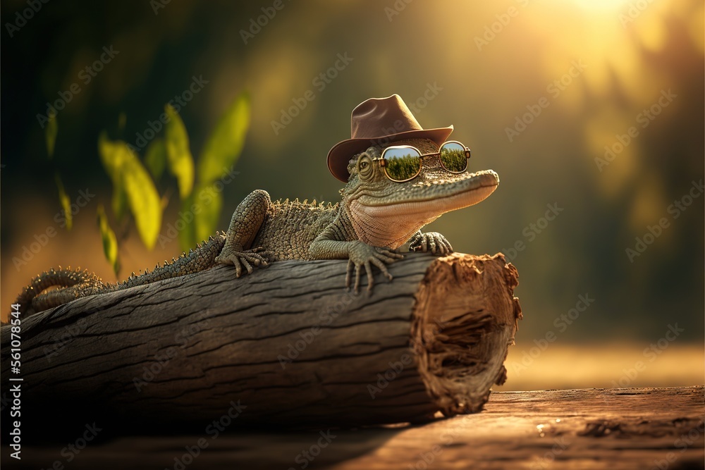 a lizard wearing a hat and sunglasses sitting on a log in the sun light ...