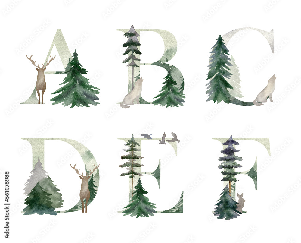 Watercolor forest letters for invitation card, poster and other. Stock ...