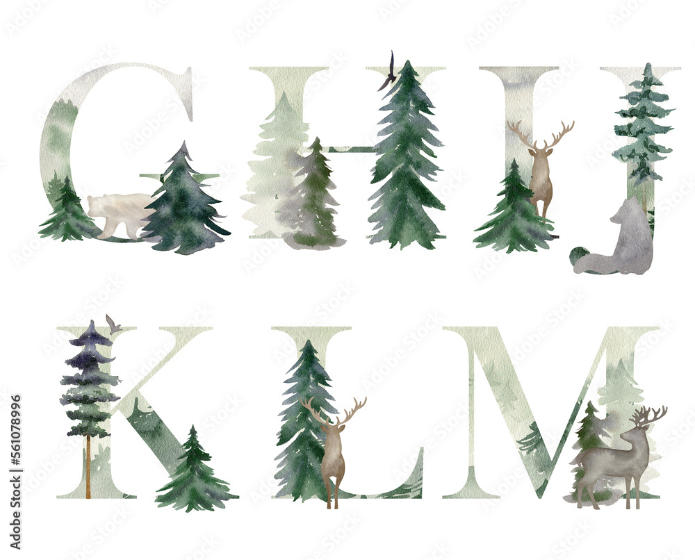 Watercolor forest letters for invitation card, poster and other. Stock ...
