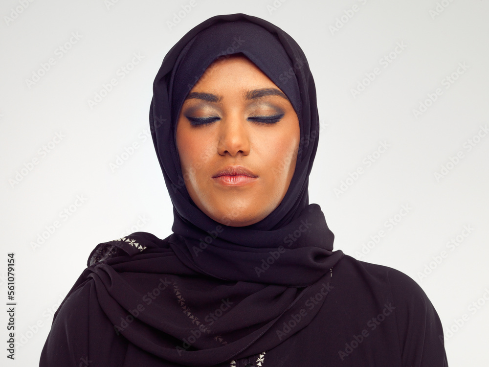 Islamic woman, portrait and hijab with closed eyes for religious ...