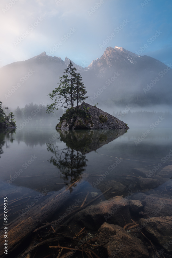Bergsee mit Felsinsel und Baum bei Nebel in der Dämmerung. Stock Photo ...