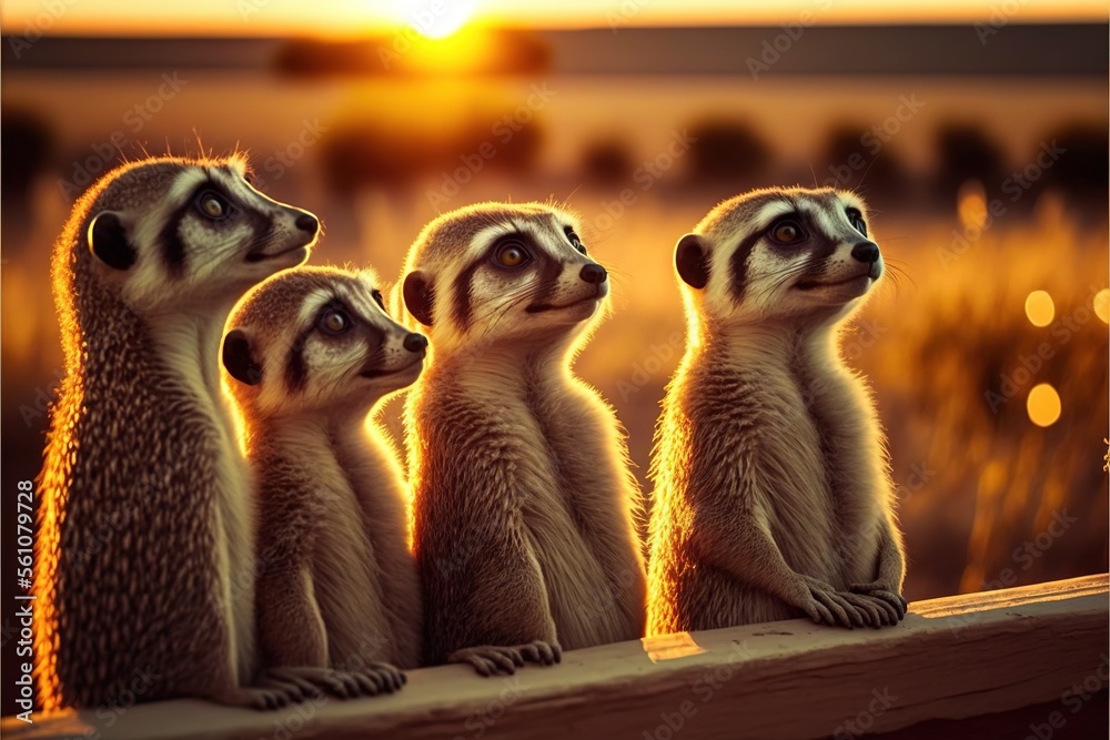 a group of meerkats sitting on a ledge at sunset looking up at the sky ...