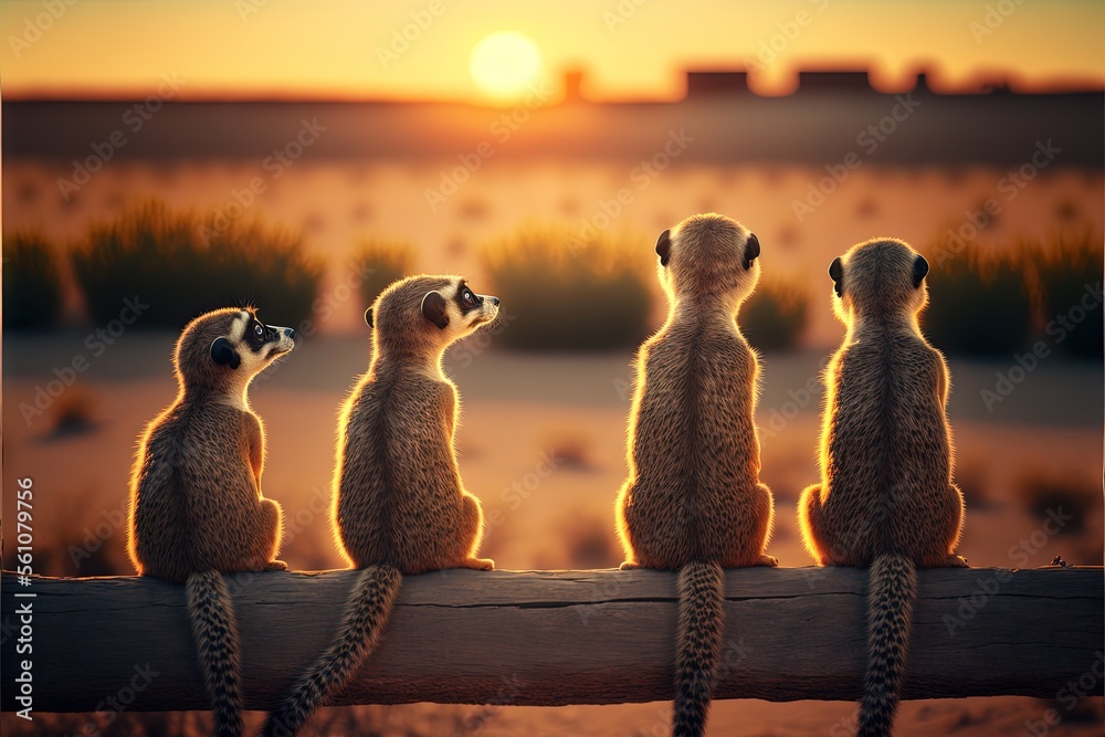 a group of meerkats sitting on a log watching the sunset in the ...