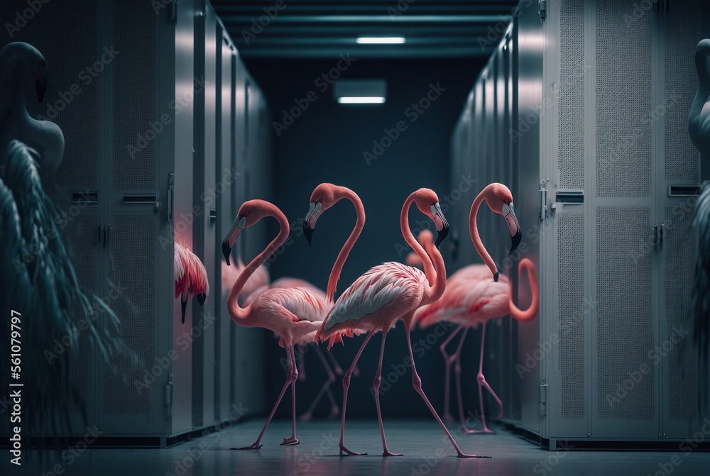 art and design concept flamingo birds walking in computer server room ...
