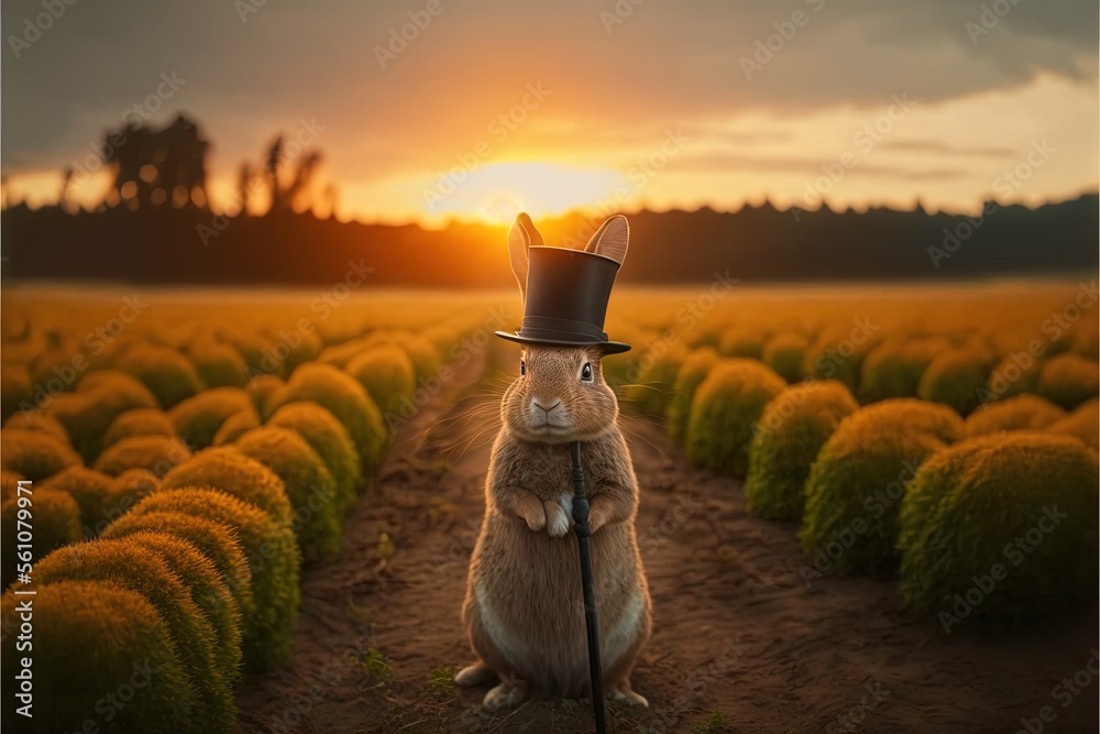 a rabbit in a top hat is standing in a field of flowers at sunset with ...