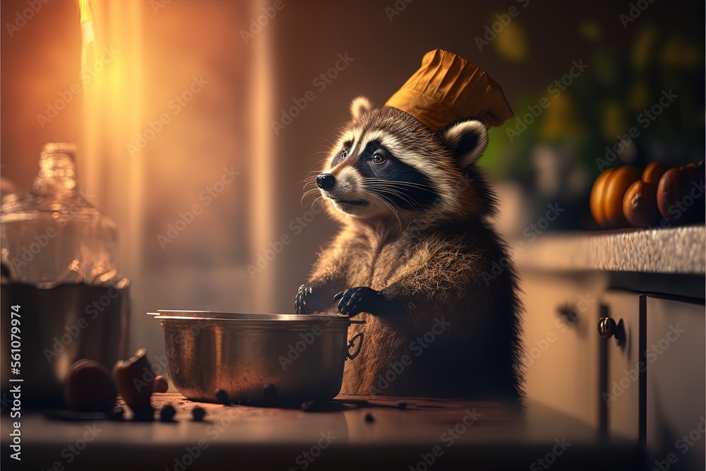 a raccoon wearing a chef hat standing in a kitchen with a bowl and a ...