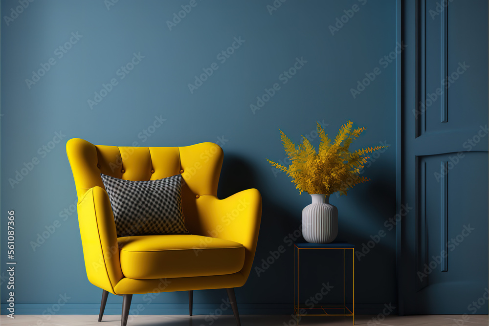 Modern interior room with armchair.Blue and yellow wall background.3d ...