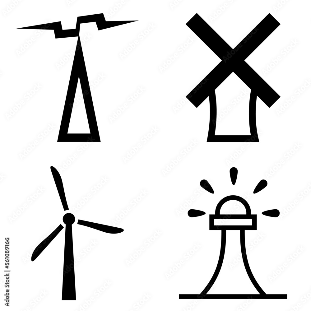 Black and white vector graphic of a set of map symbols for countryside ...