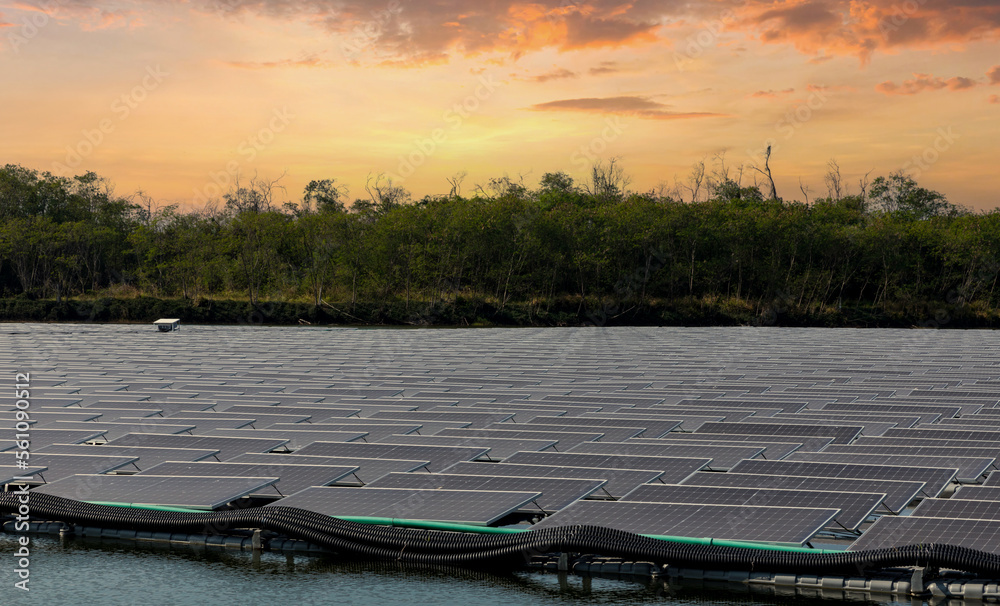 Solar power panels for green energy. Floating solar panels or solar cell Platform system on the ...