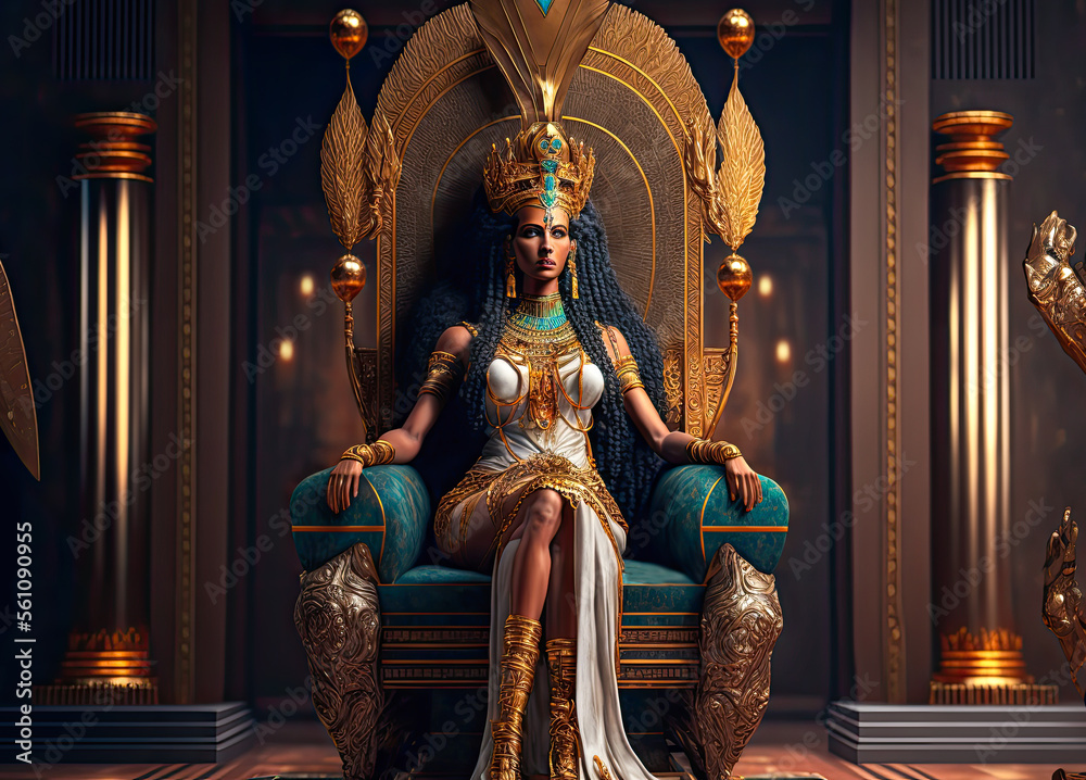Stockillustratie Egyptian Queen Cleopatra Sitting On A Throne Generative Ai Adobe Stock