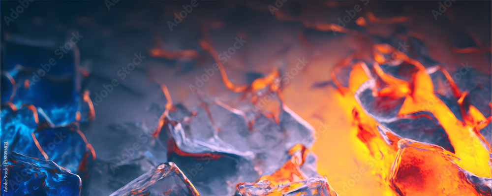 cold ice pieces melting in hot fire flame, blue red display background ...