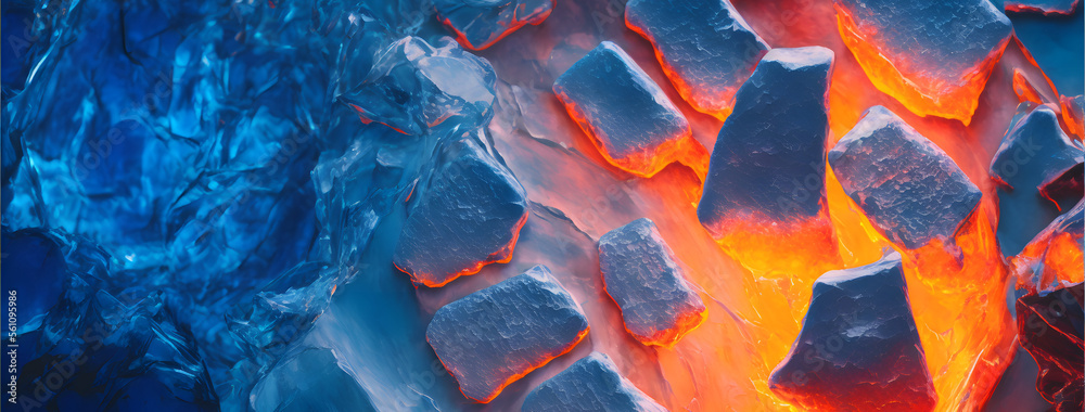 cold ice pieces melting in hot fire flame, blue red display background ...