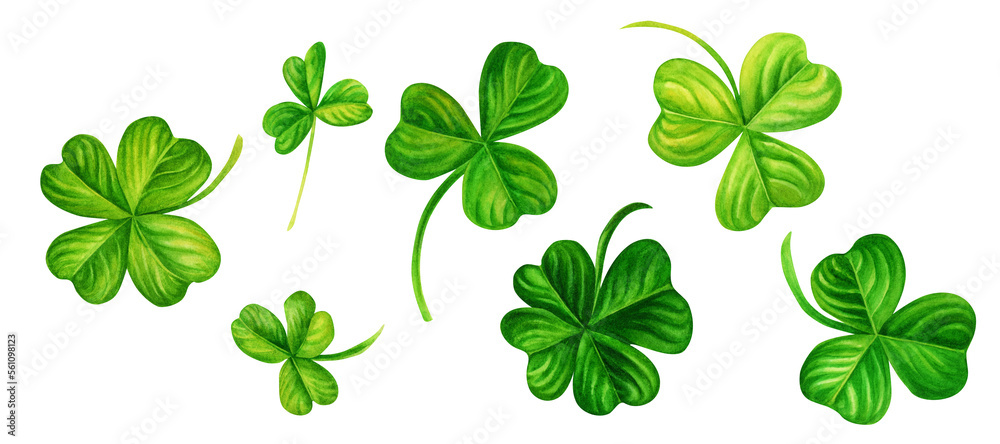 Watercolor hand drawn shamrock set for St. Patrick's Day for good luck ...