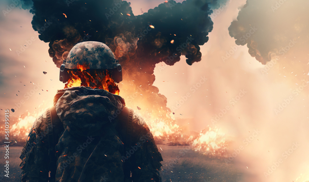 Male Army soldier in uniform in action. Great explosion with fire and ...