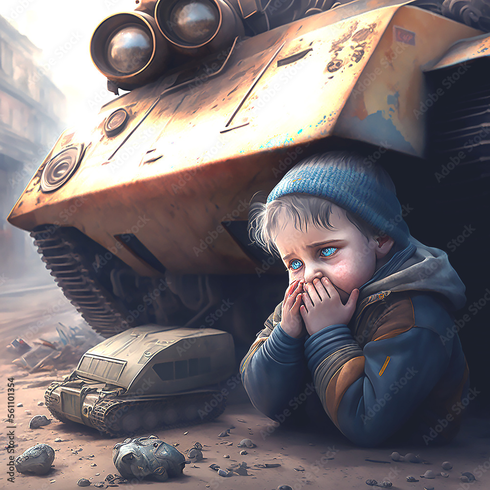 War, Boy crying, destroyed city, blown up tank, broken cars. Boy ...