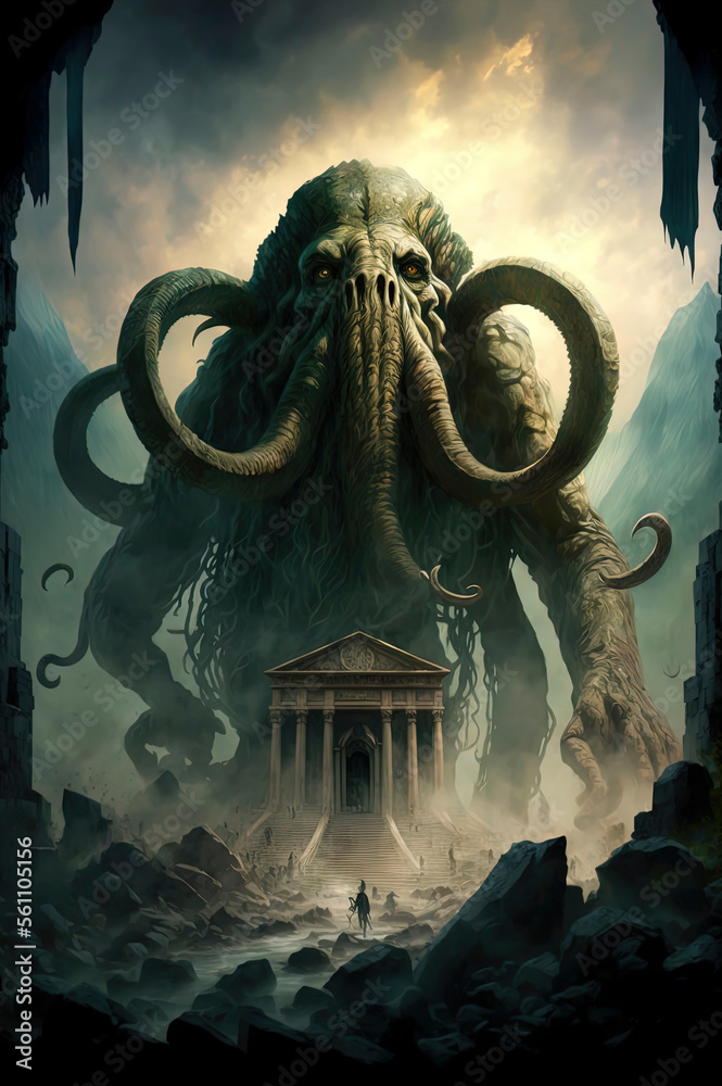 giant octopus is standing in front of a building, grabbing temple ruins ...