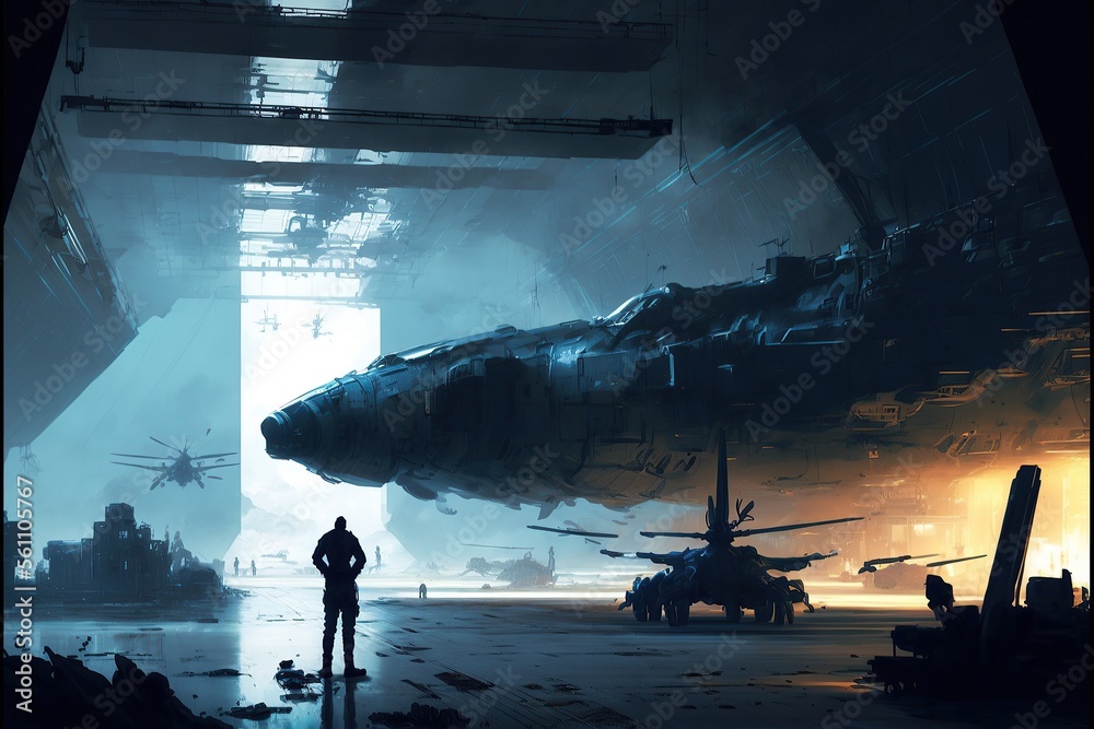 Science fiction illustration of an interplanetary spaceship unloading ...