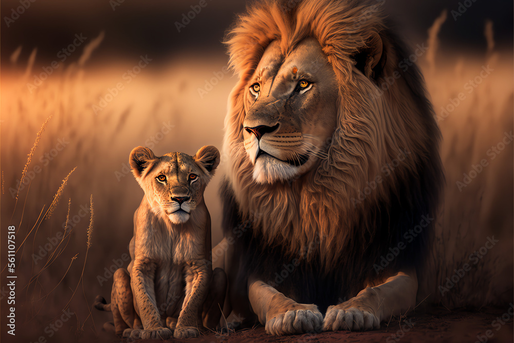 Portrait of a Male Lion with Baby Lion Cub, King of the Jungle ...