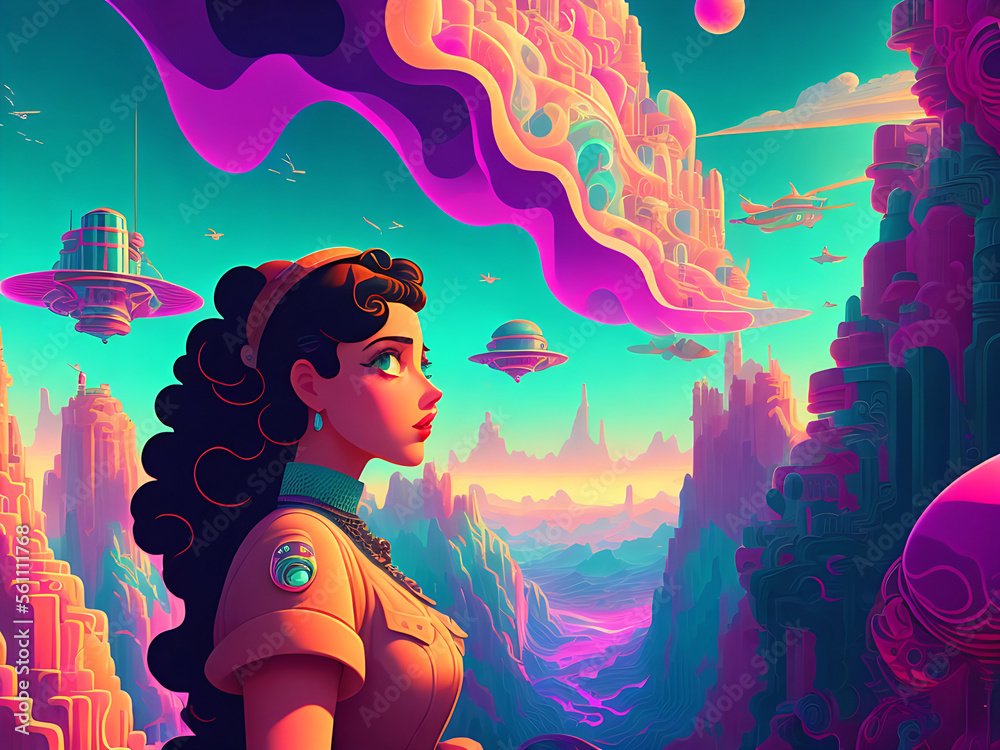 Futuristic Rugged Cartoon Woman in a Surreal Pastel and Neon ...