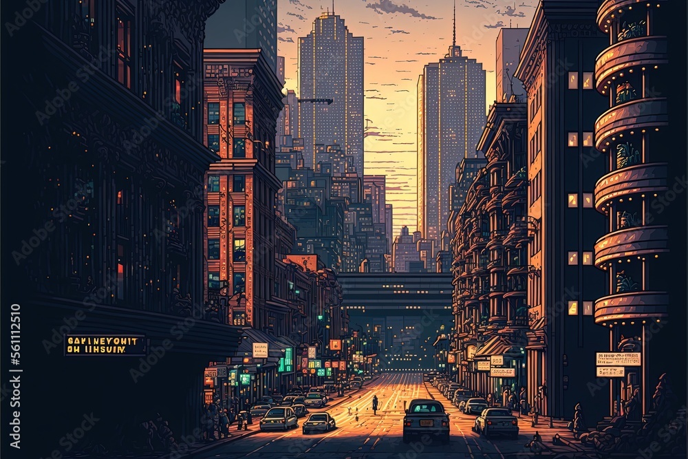 Pixel art city landscape with with buildings, houses, streets, trees ...
