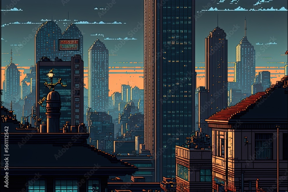 Pixel art city landscape with with buildings, houses, streets, trees ...