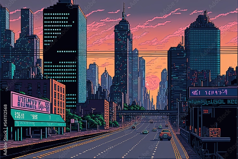 Pixel art city landscape with with buildings, houses, streets, trees ...