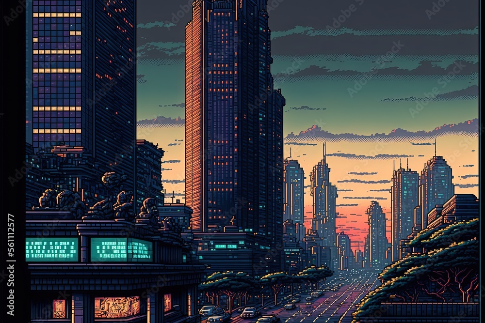 Pixel art city landscape with with buildings, houses, streets, trees ...