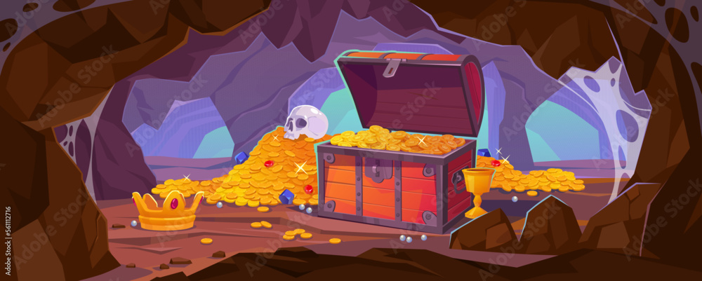 Treasure cave background in cartoon style. Wooden chest with a pile of ...