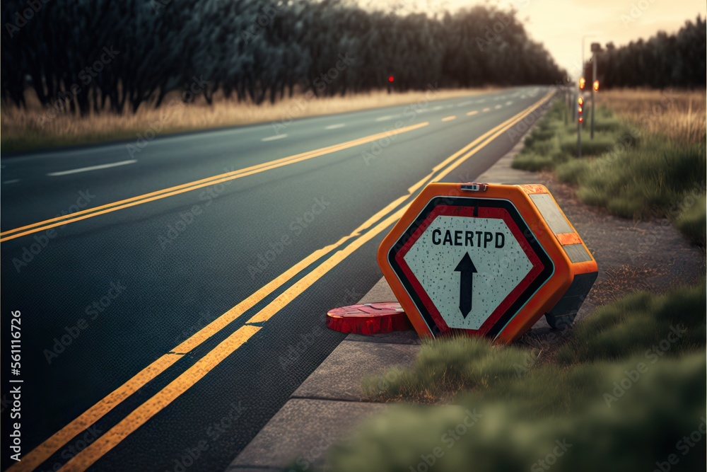 emergency stop sign installed on road in front of car accident Stock ...