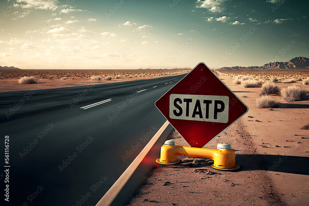 emergency stop sign installed on road in front of car accident Stock ...