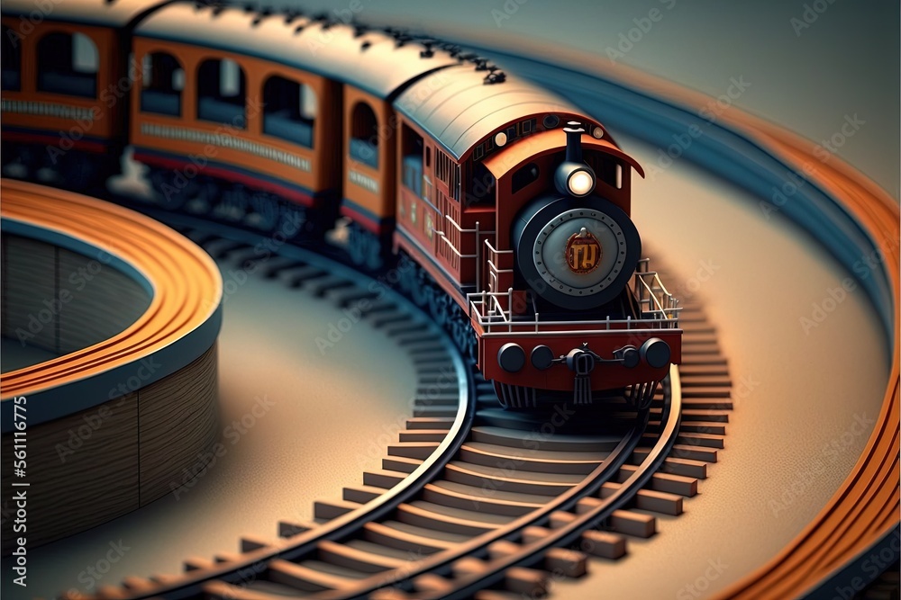 a train is coming down the tracks in a model setting with a circular ...