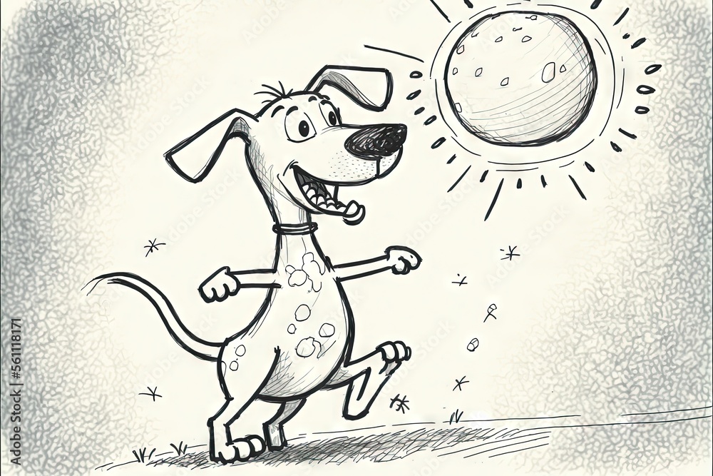 a dog is running towards a sun and a ball of yarn on the ground, with a ...