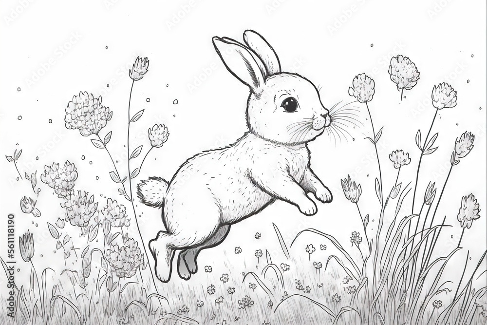 a drawing of a rabbit jumping in the air over flowers and grass with a ...