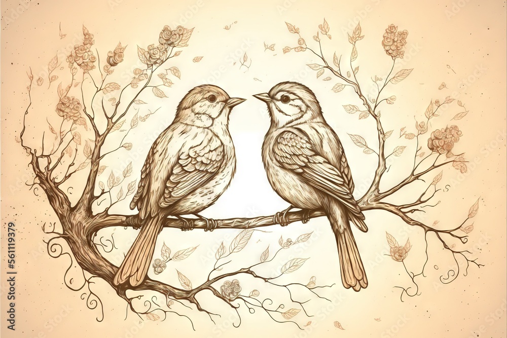 two birds sitting on a branch with leaves and flowers around them, one ...