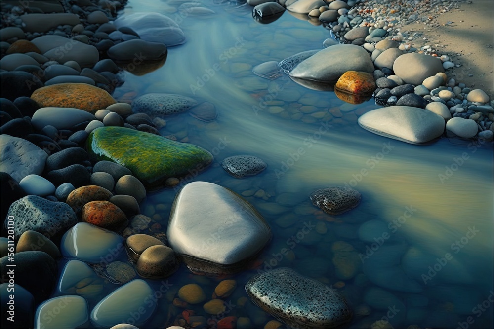 a painting of rocks and water on a beach with a sky background and a ...