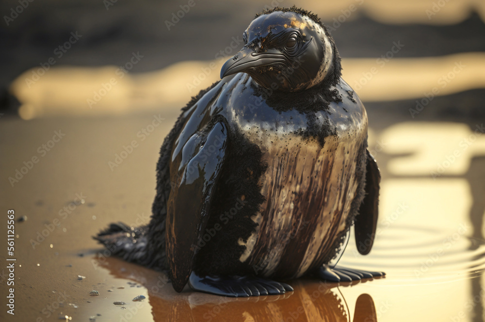 Concept Pollution nature water from oil spill. Penguin on shore covered ...