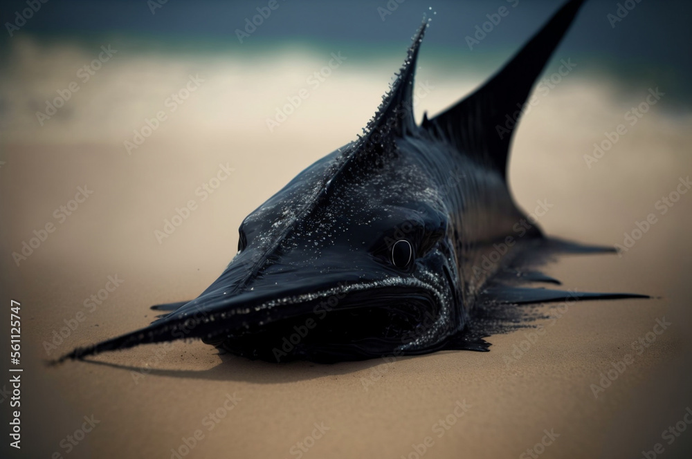 Concept Pollution nature water from oil spill. Fish on shore covered in ...