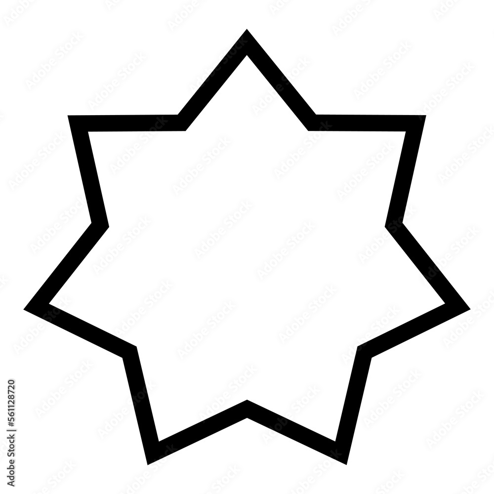 Simple monochrome vector graphic of a seven pointed star on a white background. All sides and ...