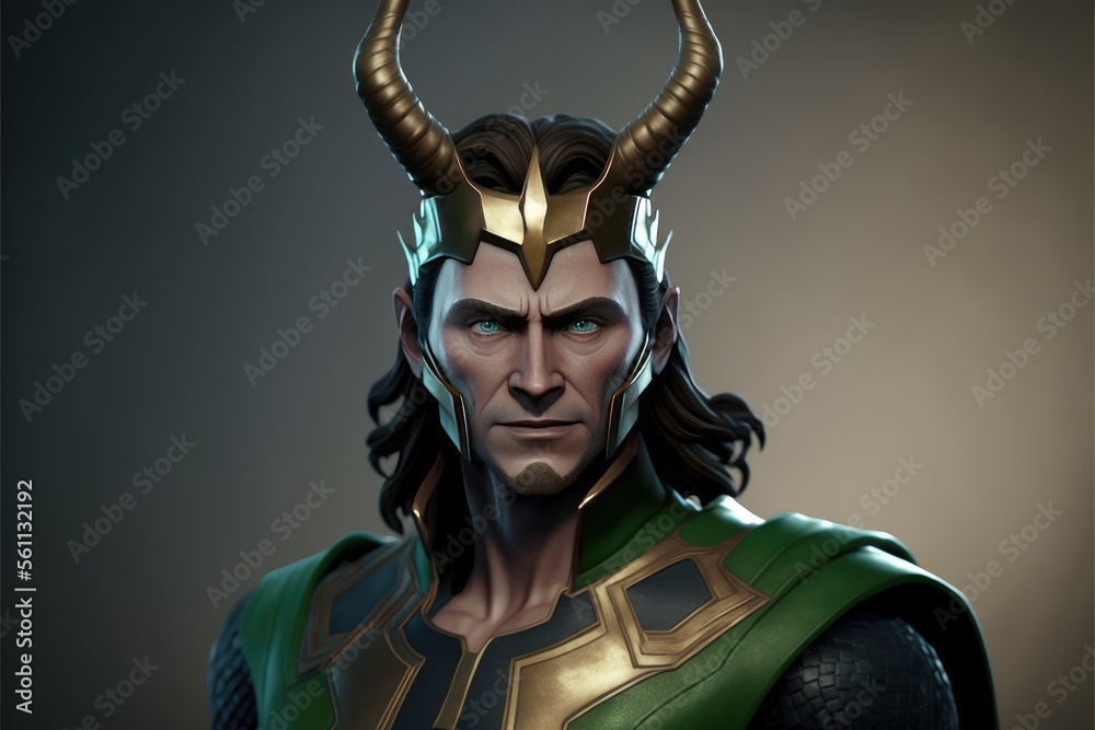 Loki, nordish god of mischief and trickery, green suit and golden horns ...