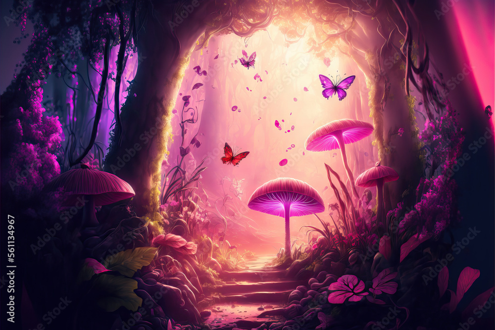 Beautiful fairytale enchanted forest in lilac twilight with giant trees ...