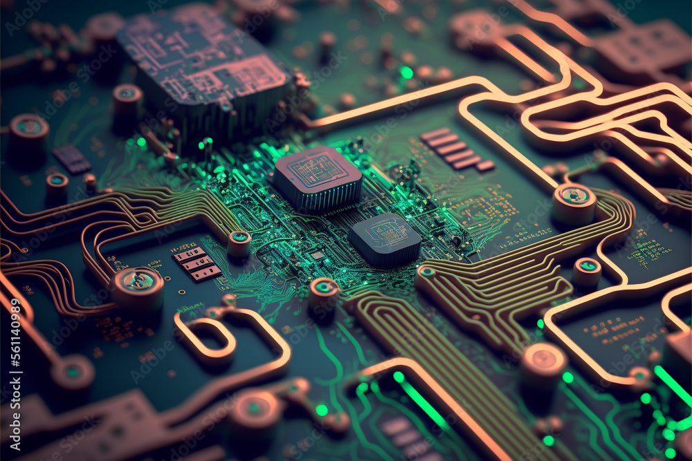 Generative AI illustration of glowing computer circuits. Stock ...