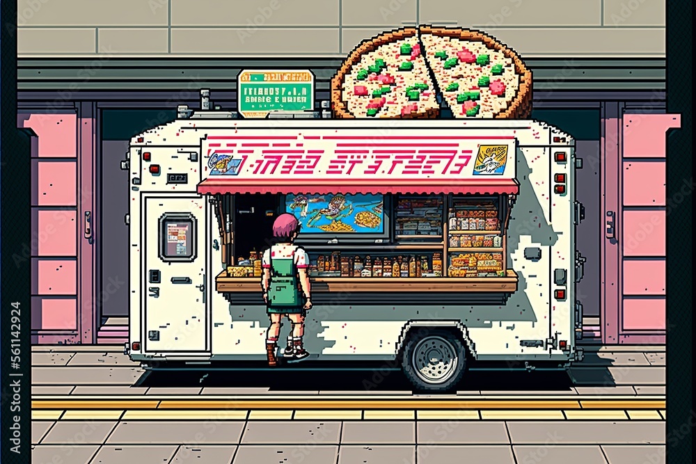 Street food trailer, food truck , 16 bit pixel art style. AI digital ...