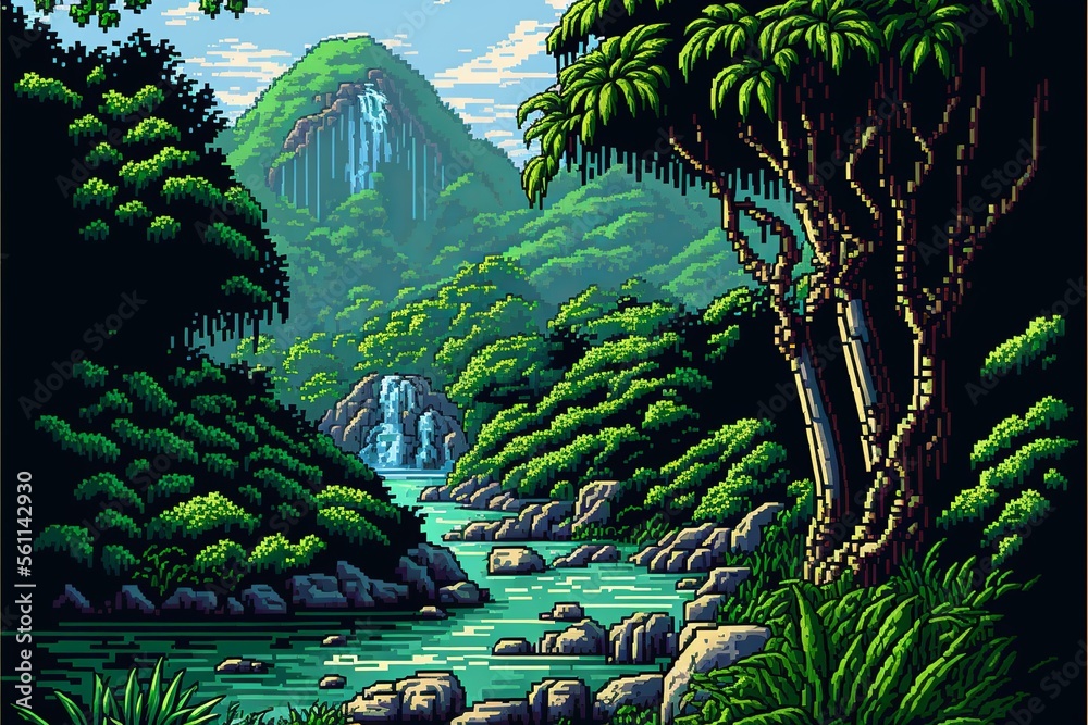 Rainforest landscape with river, 16 bit pixel art style. AI digital ... Rainforest landscape with river, 16 bit pixel art style. AI digital ...