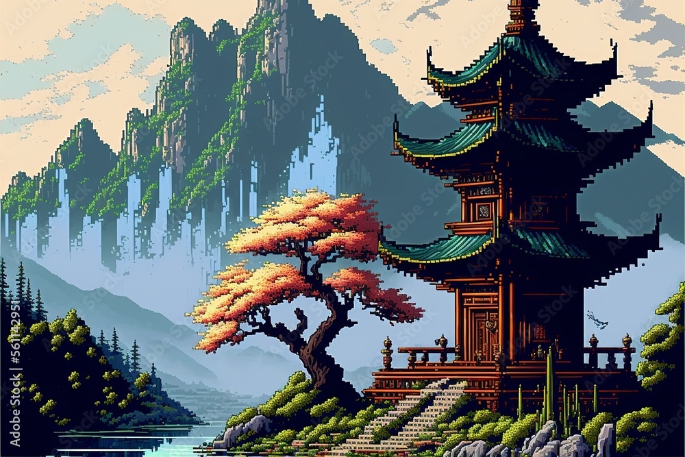 Chinese temple landscape with mountains in the background, 16 bit pixel art style. AI digital ...