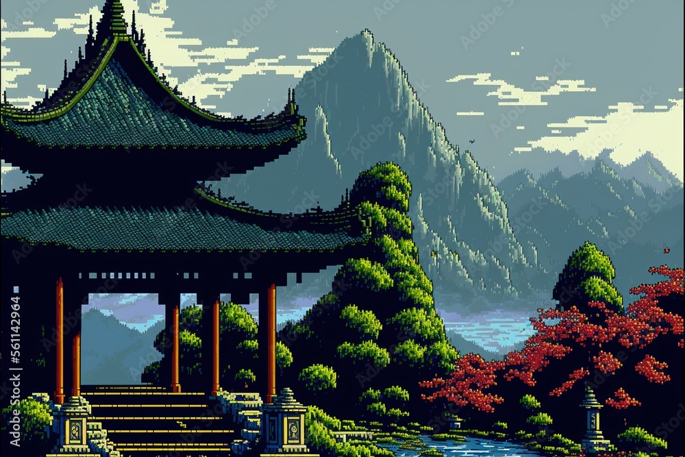 Chinese temple landscape with mountains in the background, 16 bit pixel ...