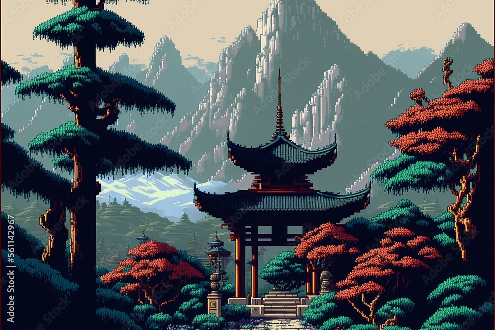 Chinese temple landscape with mountains in the background, 16 bit pixel ...