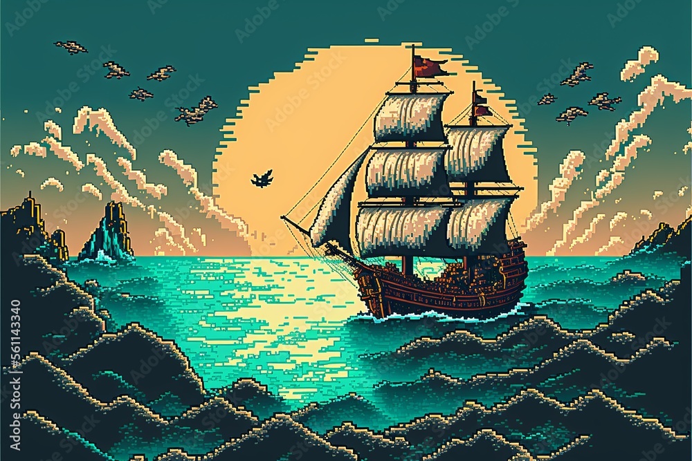Landscape with pirate ship at sea, horizon in background, pixel art ...