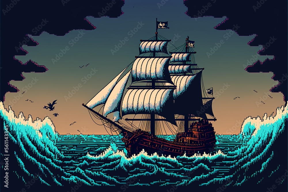 Landscape with pirate ship at sea, horizon in background, pixel art ...