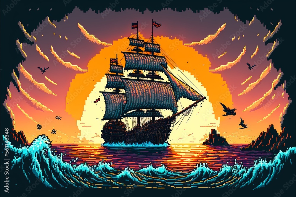 Landscape with pirate ship at sea, horizon in background, pixel art ...